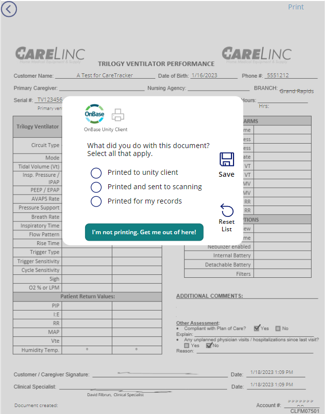 Vent check verification of printing/scanning to OnBase